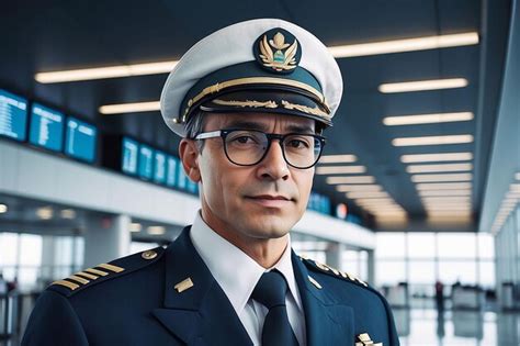Portrait Of Airplane Pilot Captain With Glasses In Airport Terminal