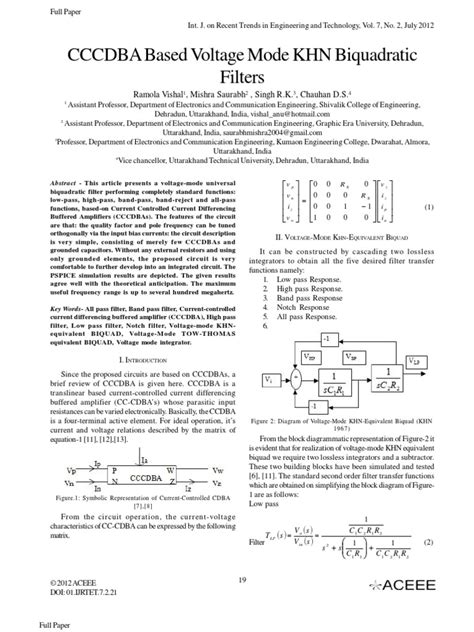 Cccdba Based Voltage Mode Khn Biquadratic Filters Pdf Electronic Filter Low Pass Filter