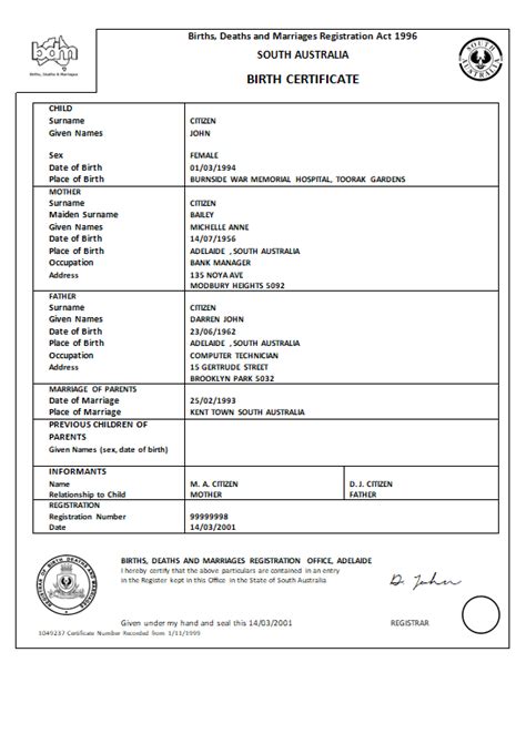 Australia South Australia Birth Certificate Fake Template In Word Format Version