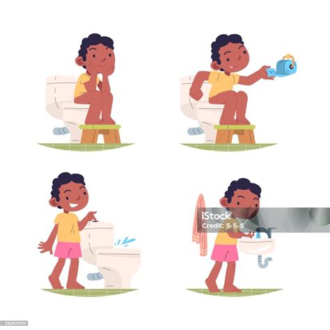 화장실을 사용하는 아이 욕실에 화장실 티슈 화장실 위생 교육 만화 아이 오줌 또는 똥 집 화장실 아기 유아 고급 벡터 일러스트