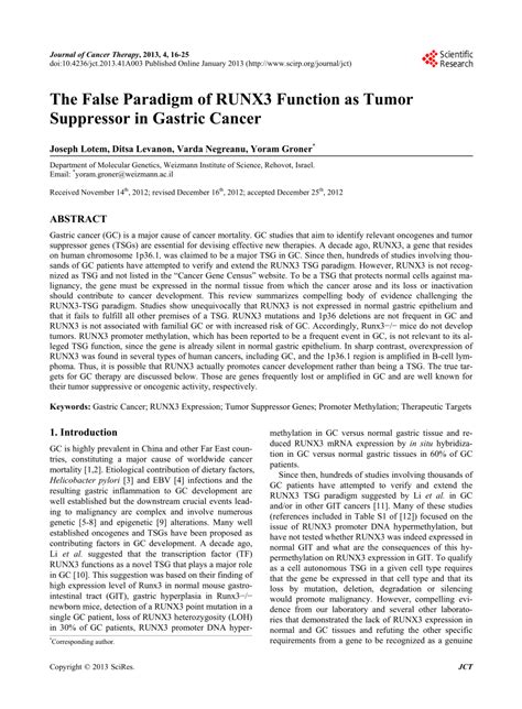 Pdf The False Paradigm Of Runx3 Function As Tumor Suppressor In Gastric Cancer