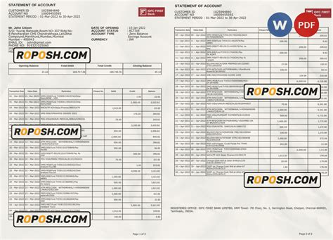 India Idfc First Bank Statement Word And Pdf Template 2 Pages Roposh