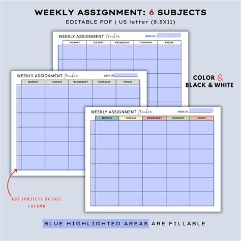 Editable Weekly Assignment Tracker Homeschool And Teacher Planner Pdf