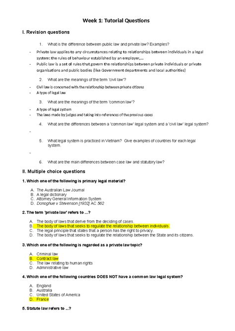 Week 1 Tutorial Questions Week 1 Tutorial Questions I Revision