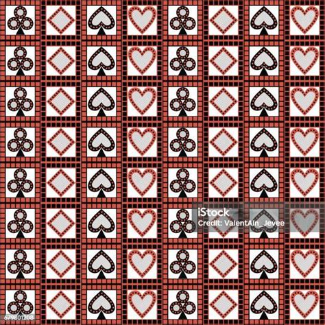 카드 놀이의 아이콘으로 원활한 벡터 패턴입니다 밝은 빨강 흑백 대칭 기하학적 배경 장식 반복 장식입니다 게임 및 도박 완벽 한 패턴의 시리즈 0명에 대한 스톡 벡터 아트 및