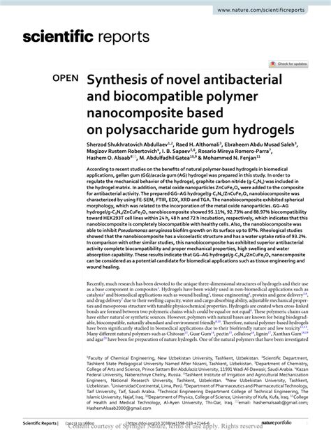 Pdf Synthesis Of Novel Antibacterial And Biocompatible Polymer Nanocomposite Based On
