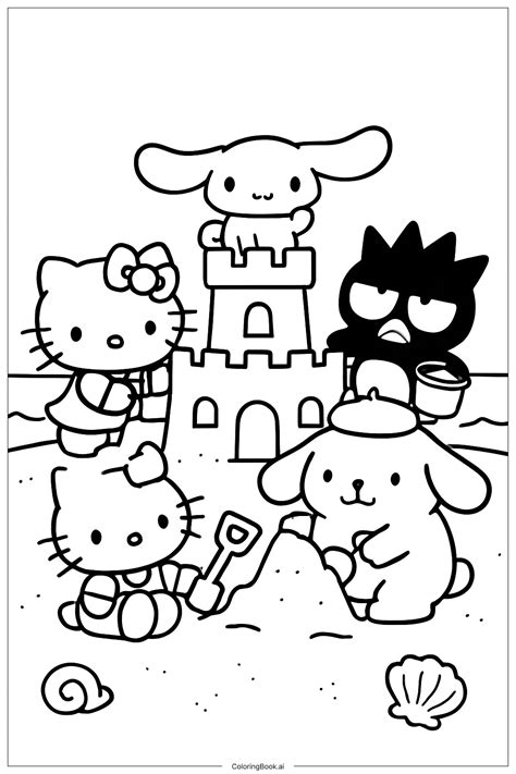 Página Para Colorear Hello Kitty Y Amigos Castillo De Arena En La Playa