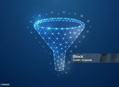 깔때기 3d 기호 파란색 낮은 폴리 스타일 데이터 필터 판매 전략 고객 흐름 디자인 개념 그림 빅 데이터 다각형 와이어프레임 3