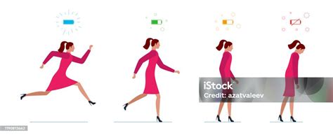 생명 에너지 가득 하고 피곤 한 사업가 높은 충전 및 충전되지 않은 배터리 잔량 표시기를 가진 강력한 사람 노동자 여성 비즈니스 우먼 달리기 와 저전력 약한 보행 일러스트