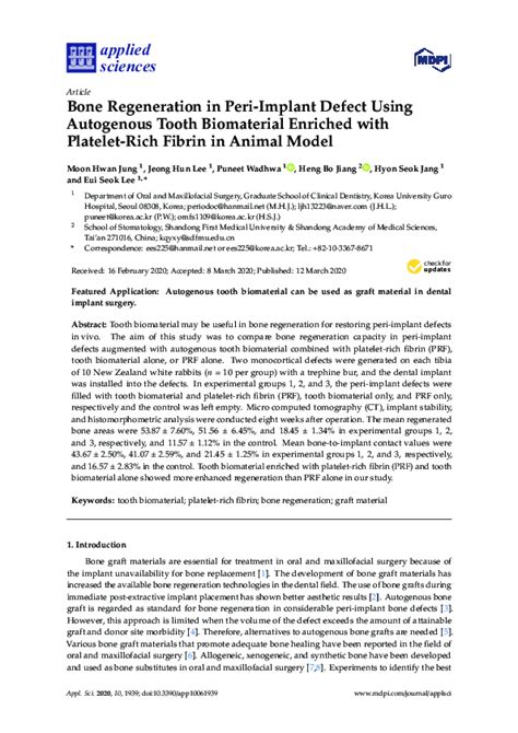 Pdf Bone Regeneration In Peri Implant Defect Using Autogenous Tooth Biomaterial Enriched With