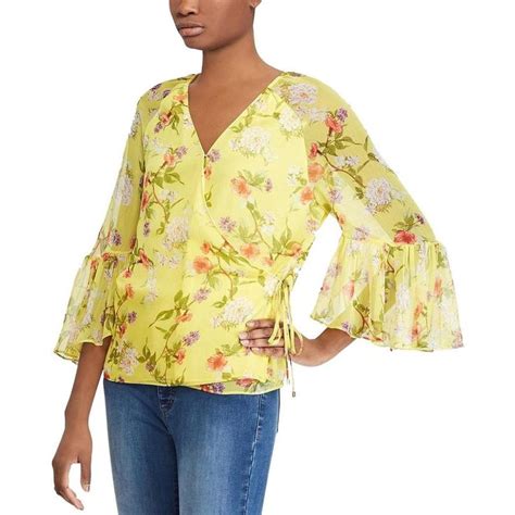 Lauren Ralph Yellow Xl Floral Georgette Faux Wrap Sheer Sleeve Floral Tops Fashion Yellow
