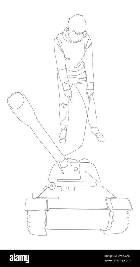 One Continuous Line Of Man Pointing With Finger At Armored Tank Thin Line Illustration Vector