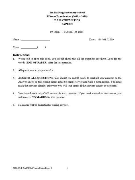 2018 19 1st Exam F2 Maths Paper 2 Pdf Angle Euclidean Geometry