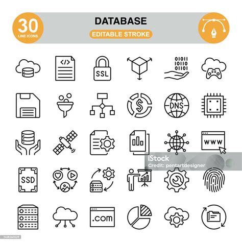 데이터베이스 아이콘 세트 편집 가능한 스트로크 픽셀 완벽한 아이콘 세트에는 데이터 빅 데이터 순서도 자물쇠 증강 현실 플로피