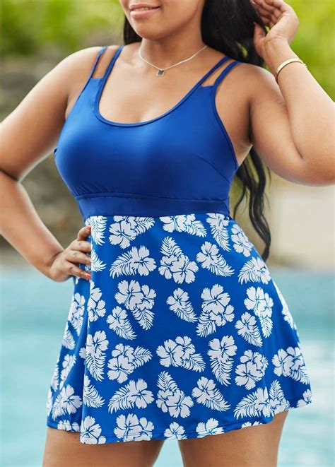 Plus Size Plant Print Hollow Strap Swimdress And Shorts