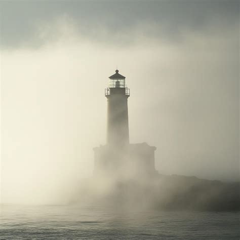 A Lighthouse On A Foggy Morning Barely Visible Through The Mist