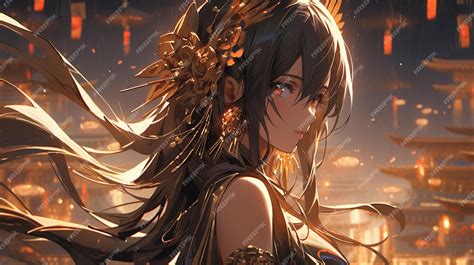 Premium Photo Anime Girl With Long Hair And A Gold Headpiece In Front