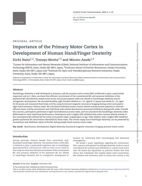 PDF Importance Of The Primary Motor Cortex In Development Of Human Hand Finger Dexterity
