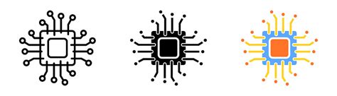 전자 치 세트 아이콘입니다 Cpu 중앙 처리 장치 장치 마더 보드 인쇄 회로 기판 컴퓨터 기술 개념입니다 선에 있는 벡터 아이콘