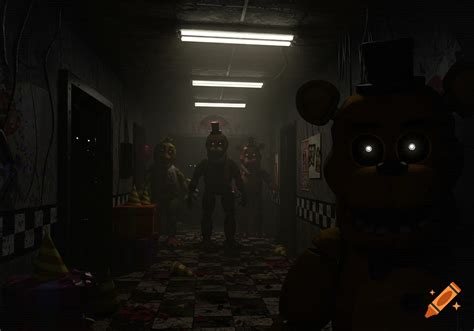 Freddy Fazbear Bonnie Chica And Foxy Animatronics Stand In A Dark