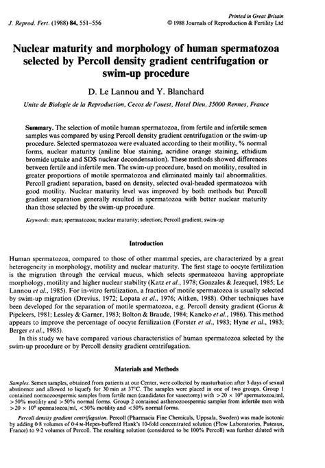 Pdf Nuclear Maturity And Morphology Of Human Spermatozoa Selected By Percoll Gradient