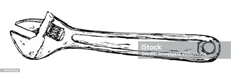 디자인 템플릿 간판 포장을 위해 흰색 배경에 흰색 배경에 흰색 흰색 윤곽선에 스케치 스타일의 절연 윤곽선에 손으로 그린 벡터 렌치 그리기에 대한 스톡 벡터 아트 및 기타