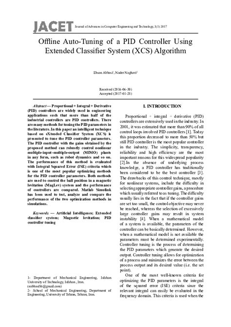 Pdf Offline Auto Tuning Of A Pid Controller Using Extended Classifier System Xcs Algorithm