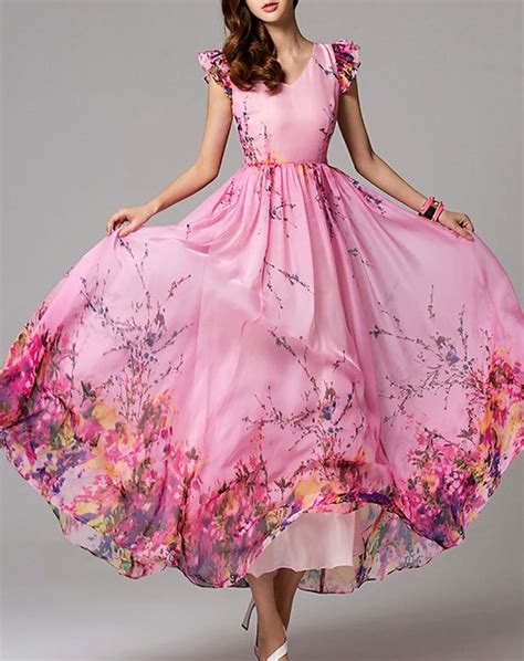 Fashion Pink A Line Frill Sleeve V Neck Maxi Dress Floral Print
