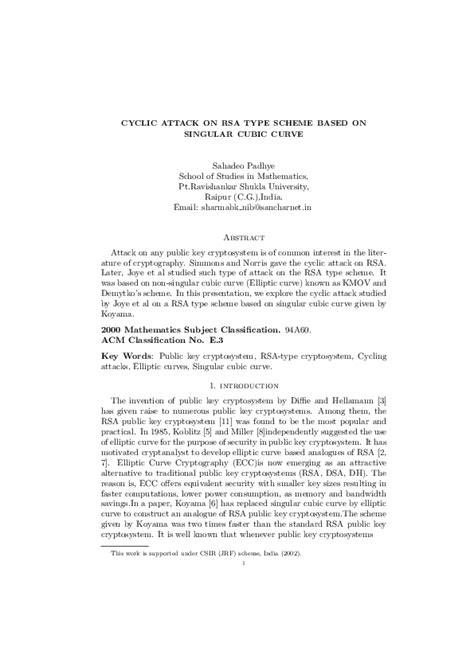 Pdf Cyclic Attack On Rsa Type Scheme Based On Singular Cubic Curve