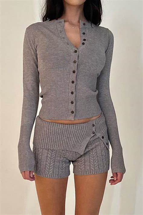 Uk0276 Knitted Shirt And Shorts Set S M L 2 2 2 Gry Round Neck