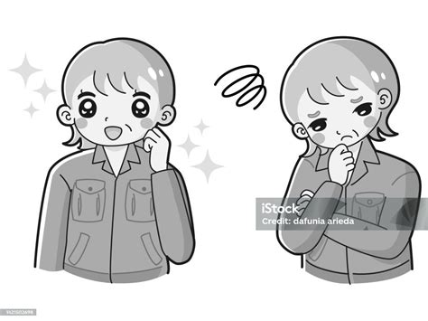 작업복을 입은 노인 여성의 일러스트 세트는 흥분된 표정과 고민스러운 표정으로 공장 산업 건물에 대한 스톡 벡터 아트 및 기타 이미지 공장 산업 건물 노인 단순함