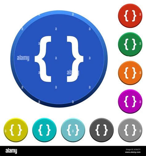 Programming Code Round Color Beveled Buttons With Smooth Surfaces And Flat White Icons Stock