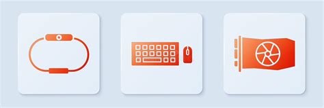 Set Keyboard And Mouse Smartwatch And Video Graphic Card White Square Button Stock Vector