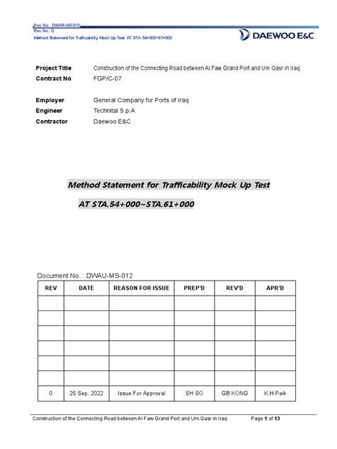 Method Statement For Trafficability Mock Up Test Pdf Civil Engineering