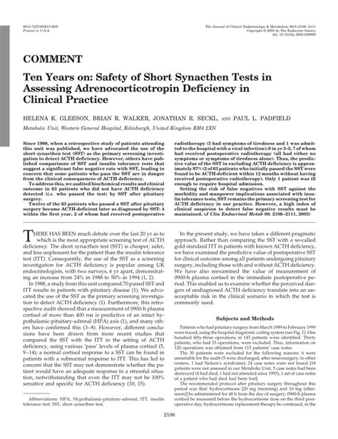 Pdf Ten Years On Safety Of Short Synacthen Tests In Assessing