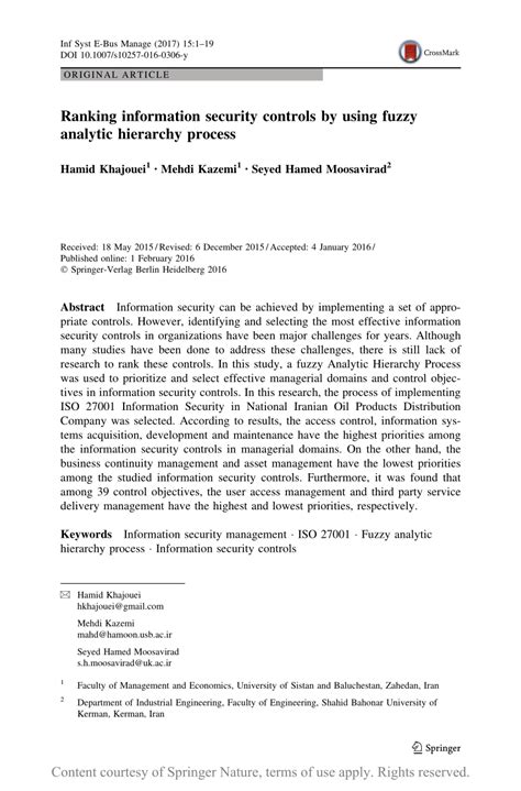 Ranking Information Security Controls By Using Fuzzy Analytic Hierarchy Process Request Pdf