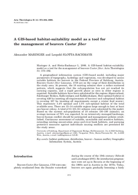 Pdf A Gis Based Habitat Suitability Model As A Tool For The Management Of Beaverscastor Fiber