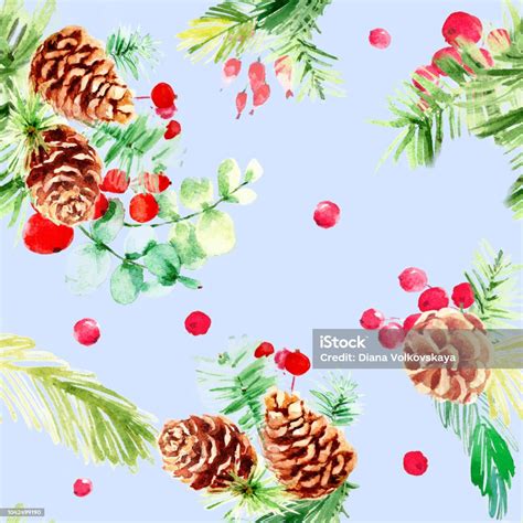 콘과 함께 소나무 가지와 잎이 밝은 파란색 배경에 홀리 딸기에서 완벽 한 크리스마스 패턴입니다 0명에 대한 스톡 벡터 아트 및 기타 이미지 Istock