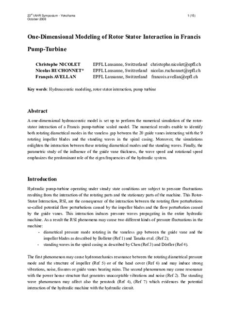 Pdf One Dimensional Modeling Of Rotor Stator Interaction In Francis Pump Turbine Francois