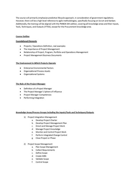 Project Management Course Outline Pdf Project Management Risk