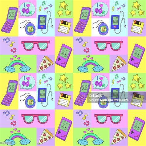 80 년대와 90 년대의 다채로운 스타일로 다마고치 무지개 플로피 디스크 전화 플레이어 및 기타 항목을 묘사 한 복고풍 아이콘이있는 완벽한 패턴 평면 벡터 그림입니다 Mp3