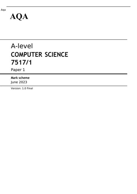 AQA A Level COMPUTER SCIENCE Paper JUNE MARK SCHEME A Level COMPUTER SCIENCE Stuvia US