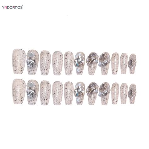 Long Ballerina Acrylic Fake Nails Sparkly Diamond White Pearl Clear