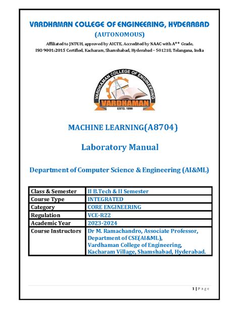 Ml LAB MACHINE LEARNING A8704 Laboratory Manual Department Of Computer Science Studocu