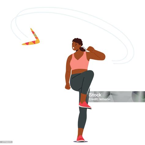 스포티한 복장을 한 아프리카계 미국인 여성 운동선수 캐릭터가 에너지와 집중력으로 부메랑을 던지고 있습니다 개념에 대한 스톡 벡터 아트 및 기타 이미지 Istock
