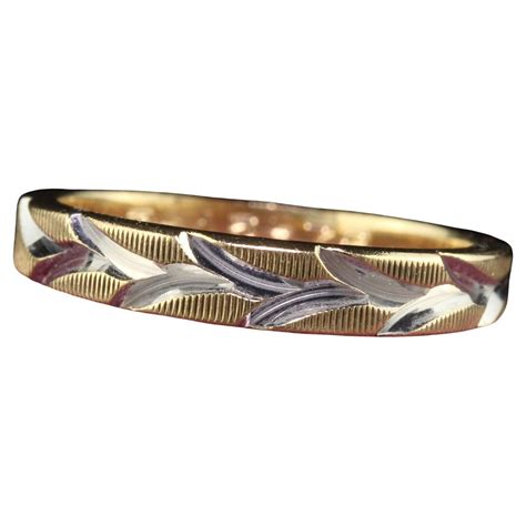 Vintage Estate 14k Yellow Gold Two Tone Engraved Floral Wedding Band