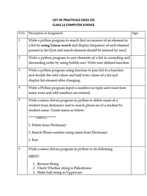 list of practicals xii cs pdf