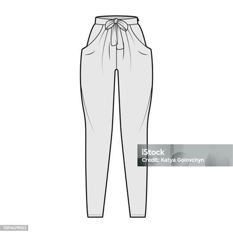 활 일반 허리 하이 라이즈 슬래시 포켓 드레이핑 프론트 전체 길이가 있는 Harem 팬츠 테크니컬 패션 일러스트 0명에 대한 스톡 벡터 아트 및 기타 이미지 Istock