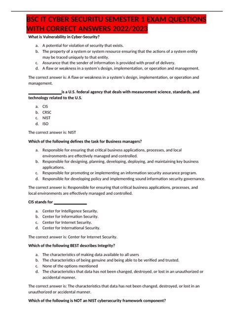NEW CYBER SECURITY EXAM QUESTIONS WITH ANSWERS CORRECTLY VERIFIED ASSUARED SUCCESS NEW