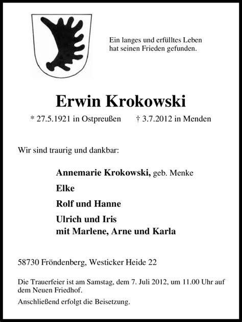 Traueranzeigen Von Erwin Krokowski Trauer In Nrwde
